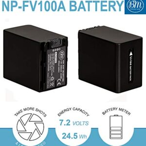 BM Premium 2 NP-FV100A High Capacity Batteries and Dual Bay Charger for Sony FDR-AX30 FDR-AX33 AX53 FDR-AX700 FDR-AX100 FDR-AX35 HXR-MC50 HXR-MC88 HX-RNX80 PXW-Z90V NEX-VG20 VG30 NEX-VG900 Camcorders