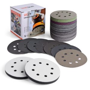 poliwell 120pcs 5 inch sanding discs hook & loop 8 holes wet dry 320 400 600 800 1000 2000 3000 grit orbital sandpaper with 2pcs interface pads, silicon carbide round flocking sandpaper