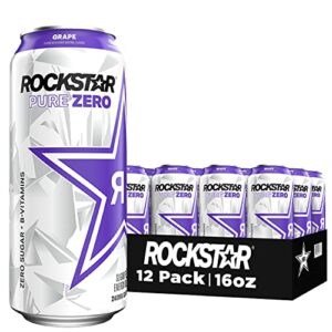 rockstar pure zero energy drink, grape, 0 sugar, with caffeine and taurine, 16oz cans (12 pack) (packaging may vary)