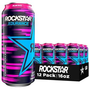 rockstar energy drink with coq10 and electrolytes, 300mg caffeine, xdurance blue raz, 16oz cans (12 pack) (packaging may vary)