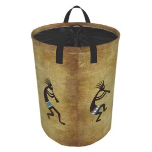 Janrely Large Round Storage Basket with Handles,Southwestern Southwest Native American Kokopelli Pattern,Waterproof Coating Organizer Bin Laundry Hamper for Nursery Clothes Toys 21.5"x 16.5"