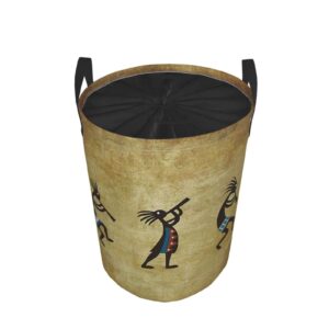 Janrely Large Round Storage Basket with Handles,Southwestern Southwest Native American Kokopelli Pattern,Waterproof Coating Organizer Bin Laundry Hamper for Nursery Clothes Toys 21.5"x 16.5"