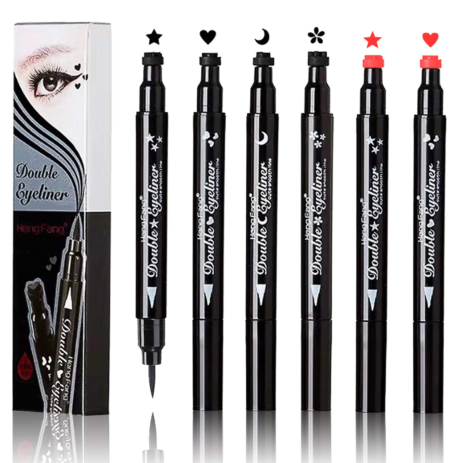 NewBang Double-sided headed Liquid Stamp Eyeliner Pen, Pencil with Eye Makeup Stamp Waterproof Double Sided Long Lasting Seal Eye-liner Stencils Long-Lasting Tattoo Makeup(6in1)