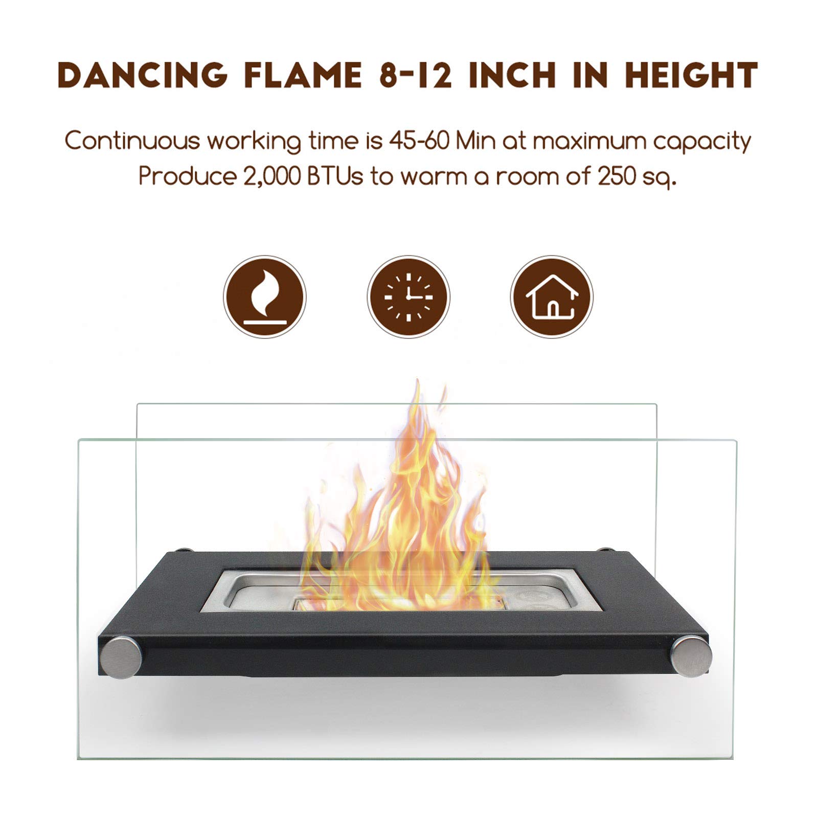 BRIAN & DANY Tabletop Fire Pit, Portable Rectangle Table Top Firepit with 2 Glass Panels, Black Ethanol Tabletop Fireplace for Indoor & Outdoor