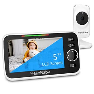 hellobaby monitor, video baby monitor with camera and audio, 5” large display no hacking risks, bright night vision, 2-way talk, temperature, 8 lullabies and 1000ft long range