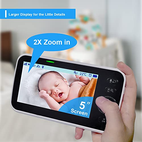 HelloBaby Monitor, Video Baby Monitor with Camera and Audio, 5” Large Display No Hacking Risks, Bright Night Vision, 2-Way Talk, Temperature, 8 Lullabies and 1000ft Long Range