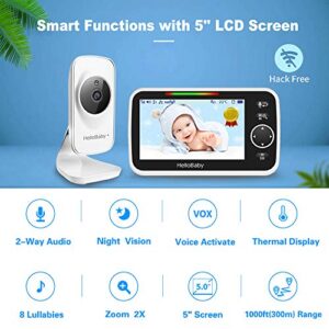 HelloBaby Monitor, Video Baby Monitor with Camera and Audio, 5” Large Display No Hacking Risks, Bright Night Vision, 2-Way Talk, Temperature, 8 Lullabies and 1000ft Long Range