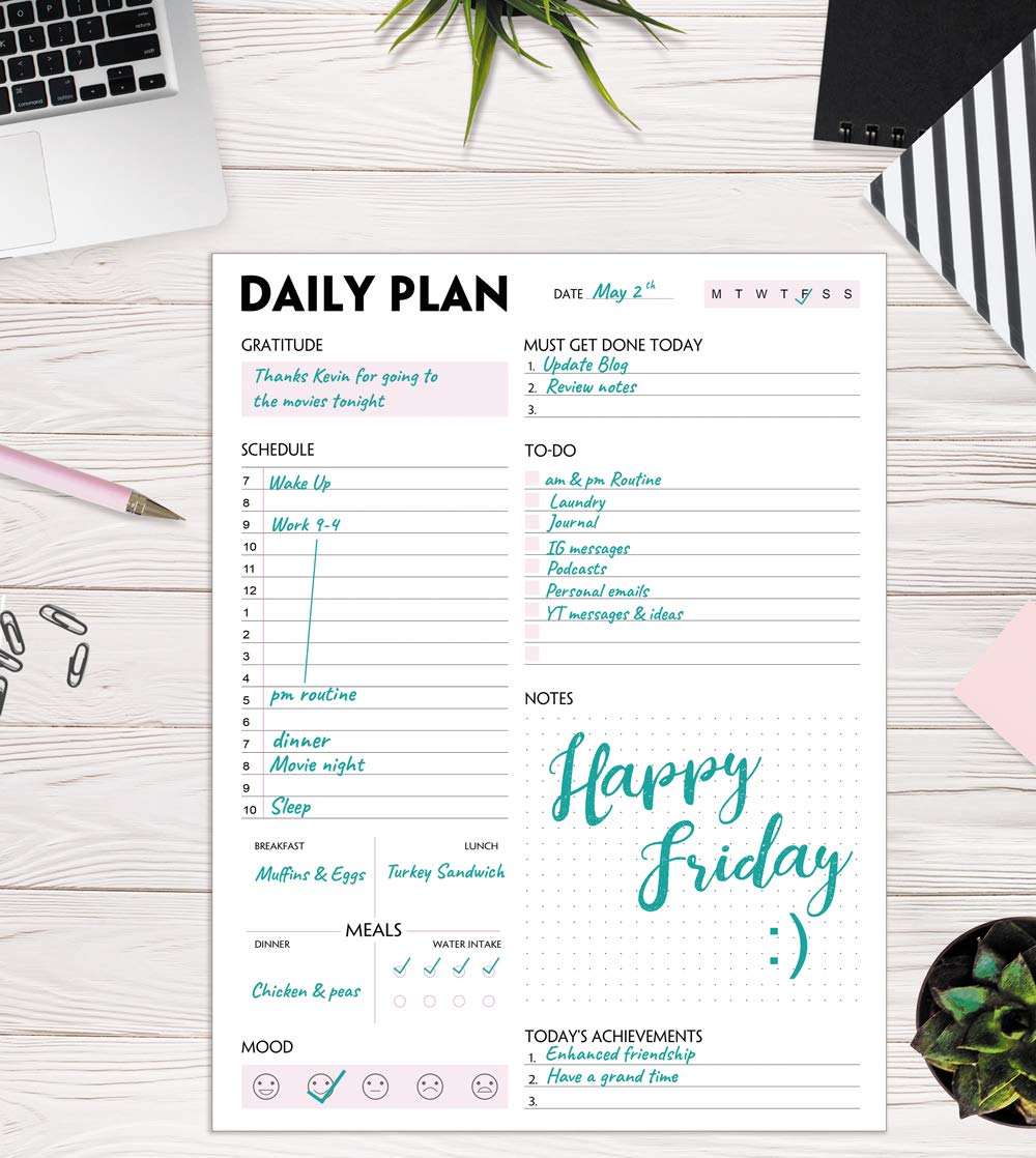 Daily Planner Notepad - Tear-Off Daily Planning Pad, Organizer with To Do Lists, Schedule, Appointment, Productivity Tracker, 50 Undated Sheets, 8.5 x 11 in