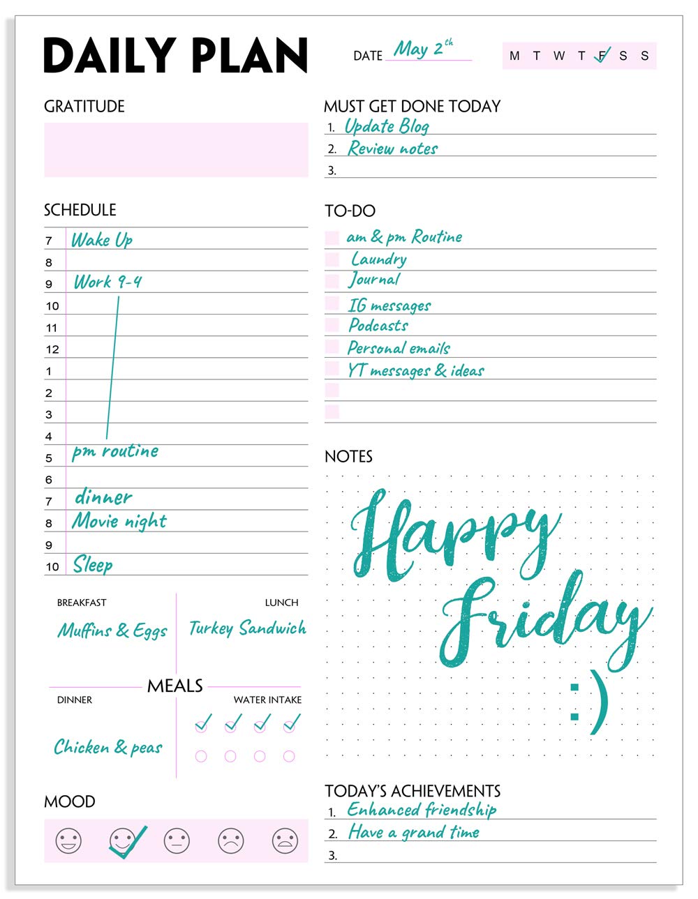 Daily Planner Notepad - Tear-Off Daily Planning Pad, Organizer with To Do Lists, Schedule, Appointment, Productivity Tracker, 50 Undated Sheets, 8.5 x 11 in