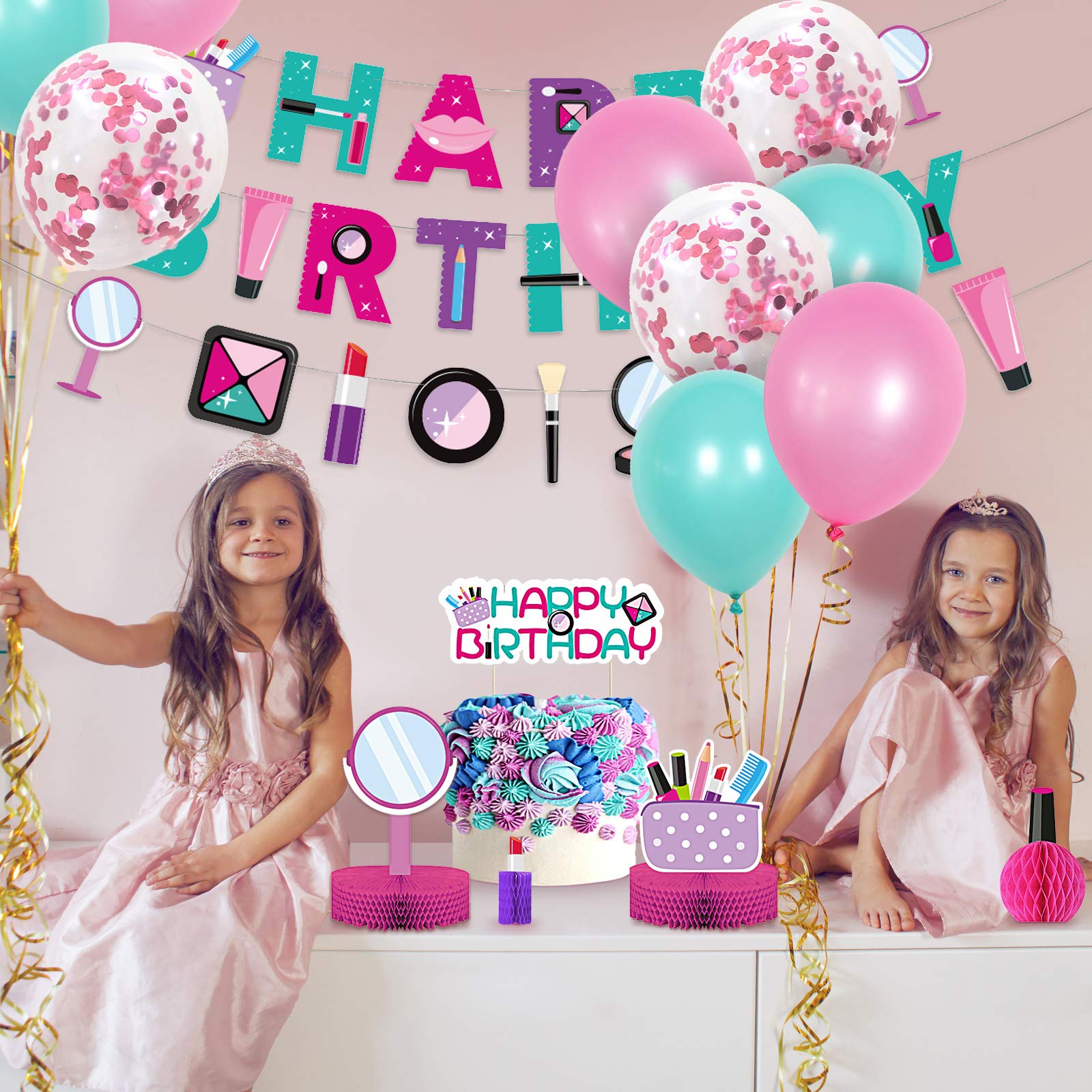 Sumind Spa Theme Party Supplies for Girls Makeup Party Decorations Includes 3 Happy Birthday Banner 1Cake Topper Pick and 20 Latex Balloons 4 Honeycomb Centerpieces for Spa Make up Theme Party Decor