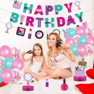 Sumind Spa Theme Party Supplies for Girls Makeup Party Decorations Includes 3 Happy Birthday Banner 1Cake Topper Pick and 20 Latex Balloons 4 Honeycomb Centerpieces for Spa Make up Theme Party Decor