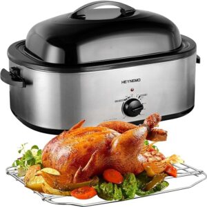 roaster oven, turkey roaster oven buffet with self-basting lid, 22qt electric roaster oven, removable pan, cool-touch handles, 1450w stainless steel roaster oven, silver