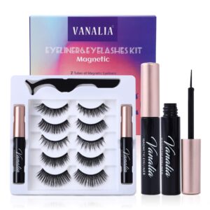 vanalia magnetic eyelashes with eyeliner,magnetic eyelashes and lashes kit,3d 5d false lashes, 5 pairs with tweezers, easy to wear-no glue needed