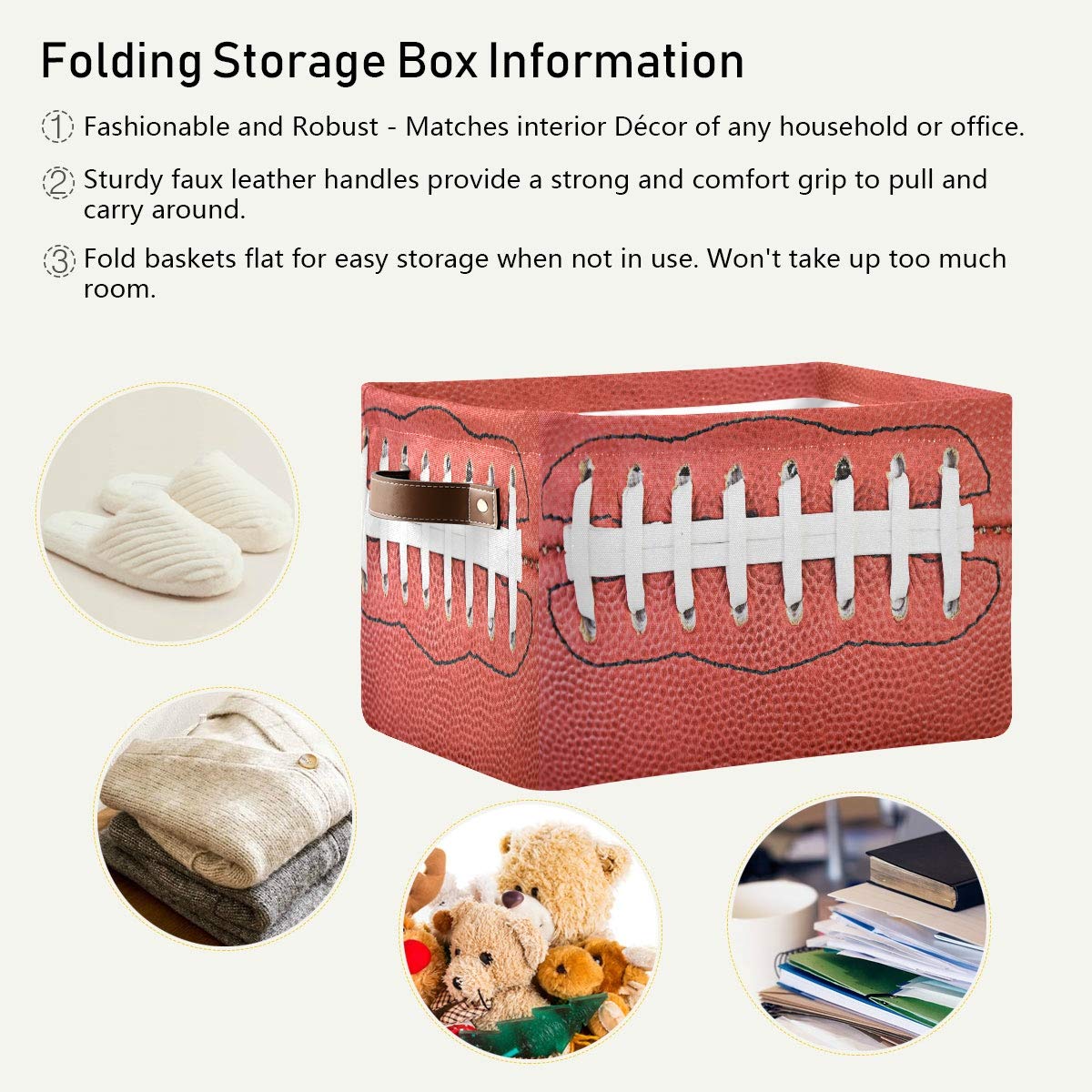 Storage Basket Cube American Football Laces Large Collapsible Toys Storage Box Bin Laundry Organizer for Closet Shelf Nursery Kids Bedroom,15x11x9.5 in,2 Pack