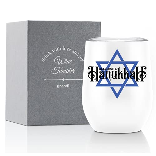 Onebttl Hanukkah Gifts Wine Tumbler for Women Men, Hannukah Gifts 12oz Stainless Steel Coffee Cup with Lids, Gift for Chanukah Jewish Holiday for Friends, Coworkers - Celebrate