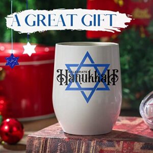 Onebttl Hanukkah Gifts Wine Tumbler for Women Men, Hannukah Gifts 12oz Stainless Steel Coffee Cup with Lids, Gift for Chanukah Jewish Holiday for Friends, Coworkers - Celebrate