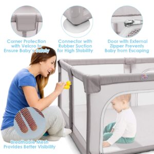 Costzon Baby Playpen, Extra Large Playard for Babies, Infant Safety Gates Indoor Outdoor, Children's Fences with Anti-Slip Suckers/Gates/Breathable Mesh Walls (75'' x 59'' x 27.5'', Grey)