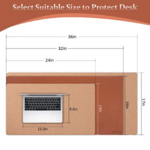 LOLLIDO Natural Cork & Leather Dual Sided Desk Pad, 36" x 17" Waterproof PU Leather Desk Writing Mat, Large Mouse Pad Desk Protector(Cork+Brown)