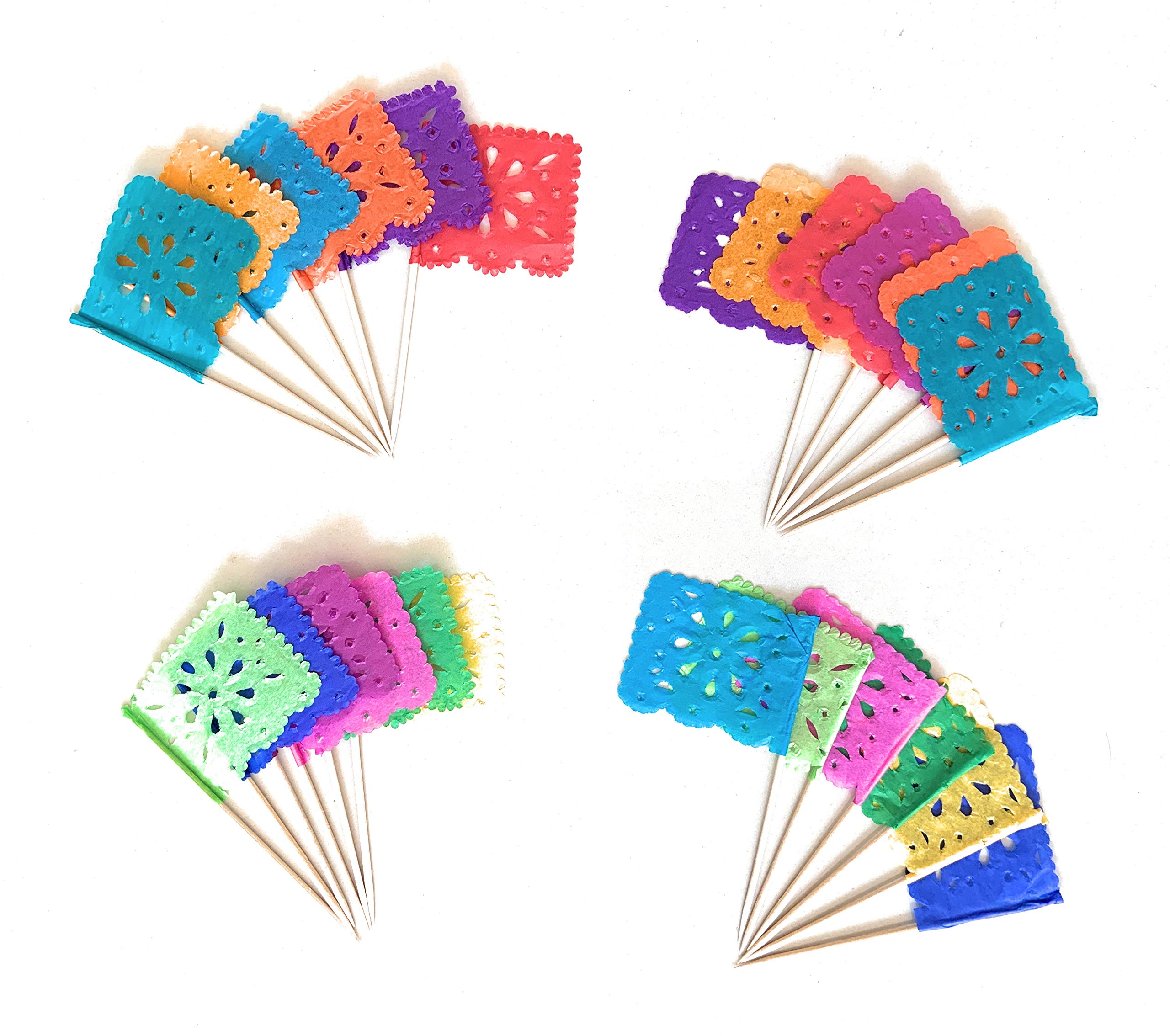 Set of 24 Pcs Multi-Colored Mini Mexican Paper Papel Picado Tissue Banner Flags Banderita s Fiesta Party Decorations Cupcake Topper Party Banderines Flower Design