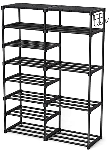 Tribesigns 8 Tiers Shoe Rack Shoe Shelf Shoe Storage Organizer with Side Hooks for Entryway, 24-30 Pairs Metal Shoe Rack Taller Shoes Boots Organizer