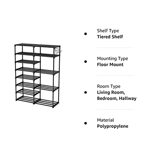 Tribesigns 8 Tiers Shoe Rack Shoe Shelf Shoe Storage Organizer with Side Hooks for Entryway, 24-30 Pairs Metal Shoe Rack Taller Shoes Boots Organizer