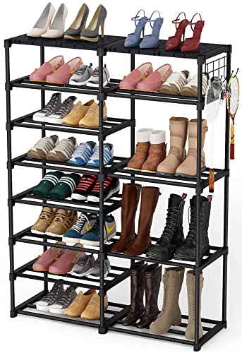 Tribesigns 8 Tiers Shoe Rack Shoe Shelf Shoe Storage Organizer with Side Hooks for Entryway, 24-30 Pairs Metal Shoe Rack Taller Shoes Boots Organizer