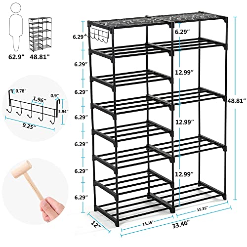 Tribesigns 8 Tiers Shoe Rack Shoe Shelf Shoe Storage Organizer with Side Hooks for Entryway, 24-30 Pairs Metal Shoe Rack Taller Shoes Boots Organizer