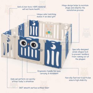 Costzon Foldable Baby Playpen, 14-Panel Baby Fence with Lock Door, Rubber Pads & Anti-Slip Rubber Bases, Indoor Outdoor Safety Baby Fence with Adjustable Shape for Toddlers (14-Panel, Blue)