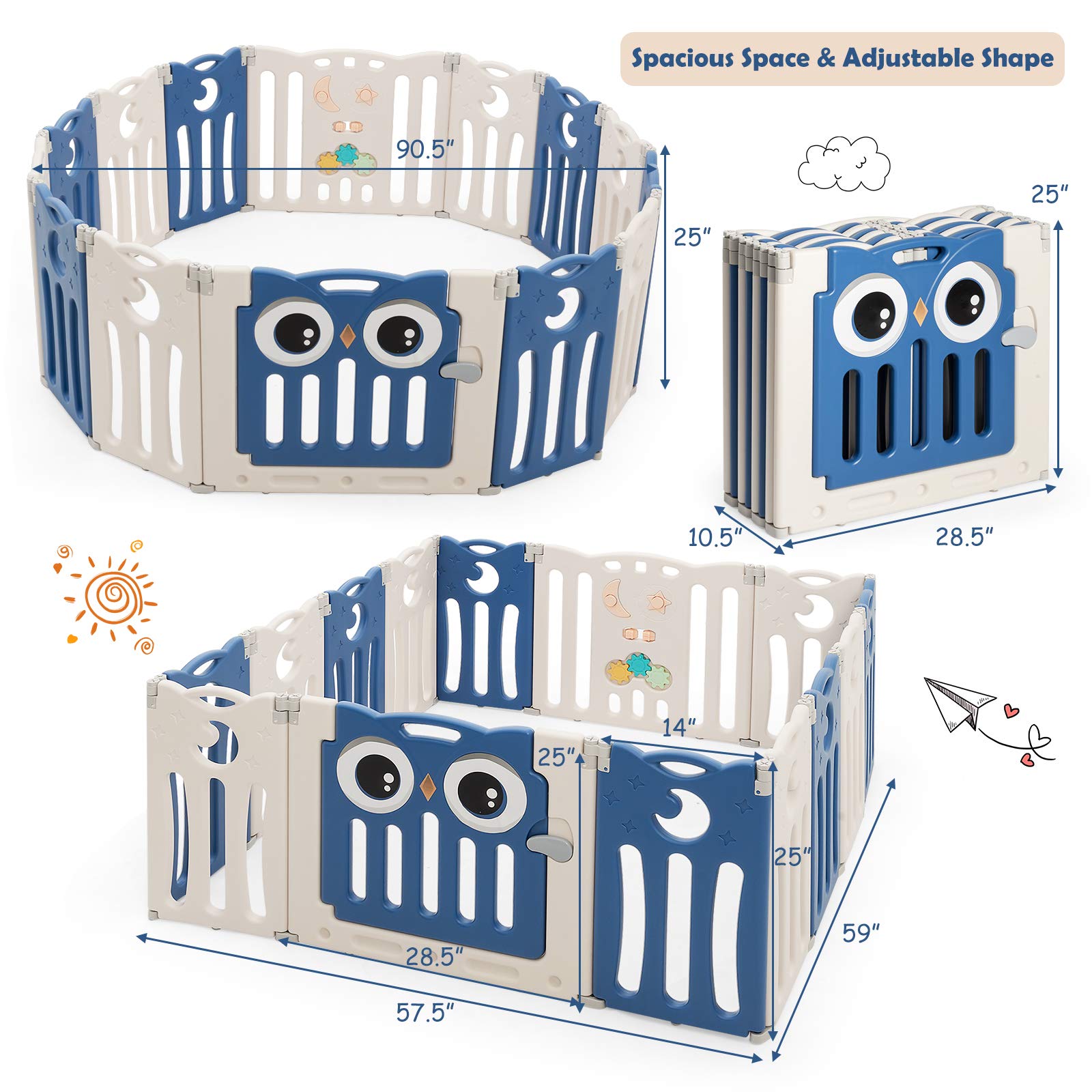 Costzon Foldable Baby Playpen, 14-Panel Baby Fence with Lock Door, Rubber Pads & Anti-Slip Rubber Bases, Indoor Outdoor Safety Baby Fence with Adjustable Shape for Toddlers (14-Panel, Blue)