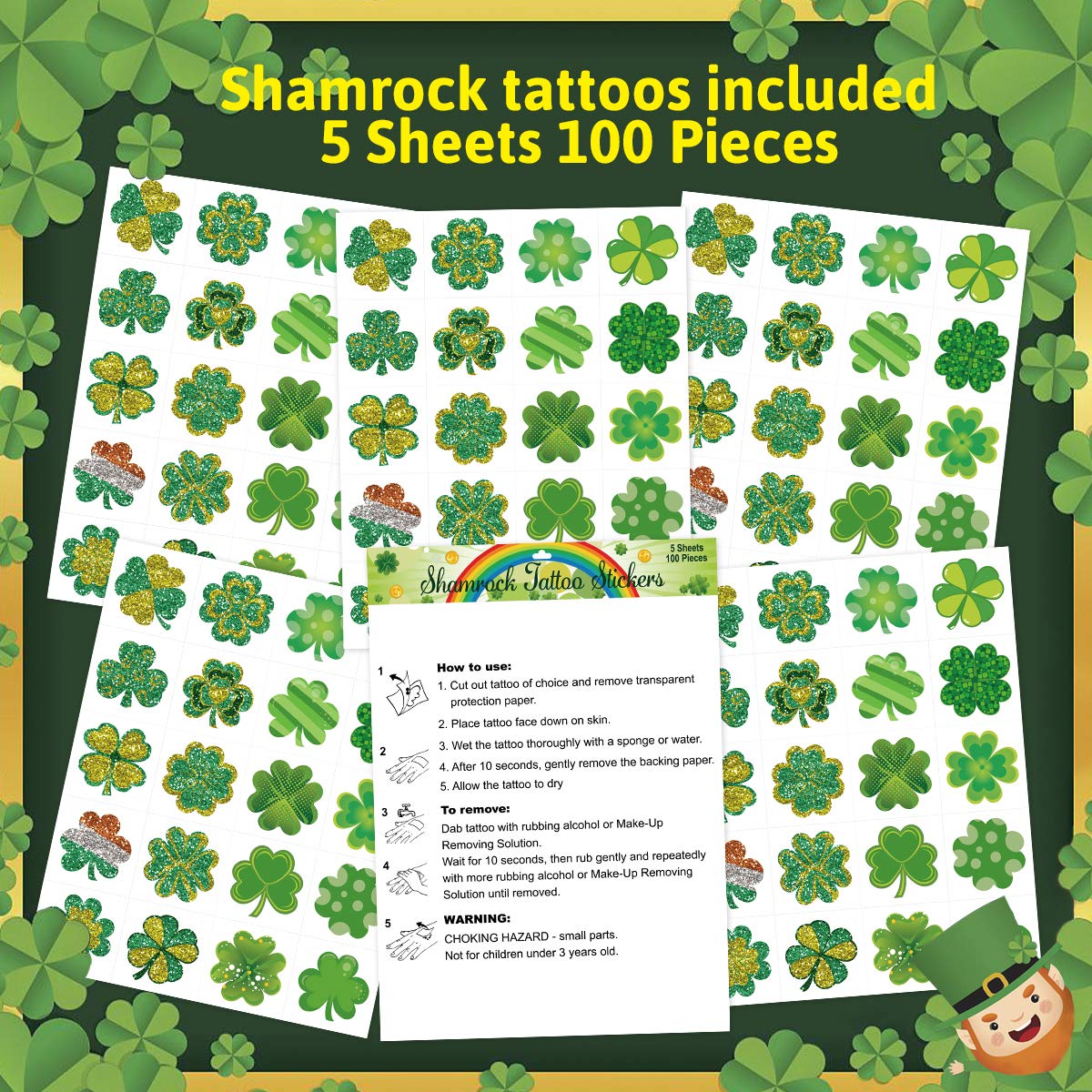 100 PCS Shamrock Tattoo Stickers St. Patrick's Day Accessories Temporary Tattoos Clover Tattoos Irish Tattoos for St Patricks Day Decorations Party Favors