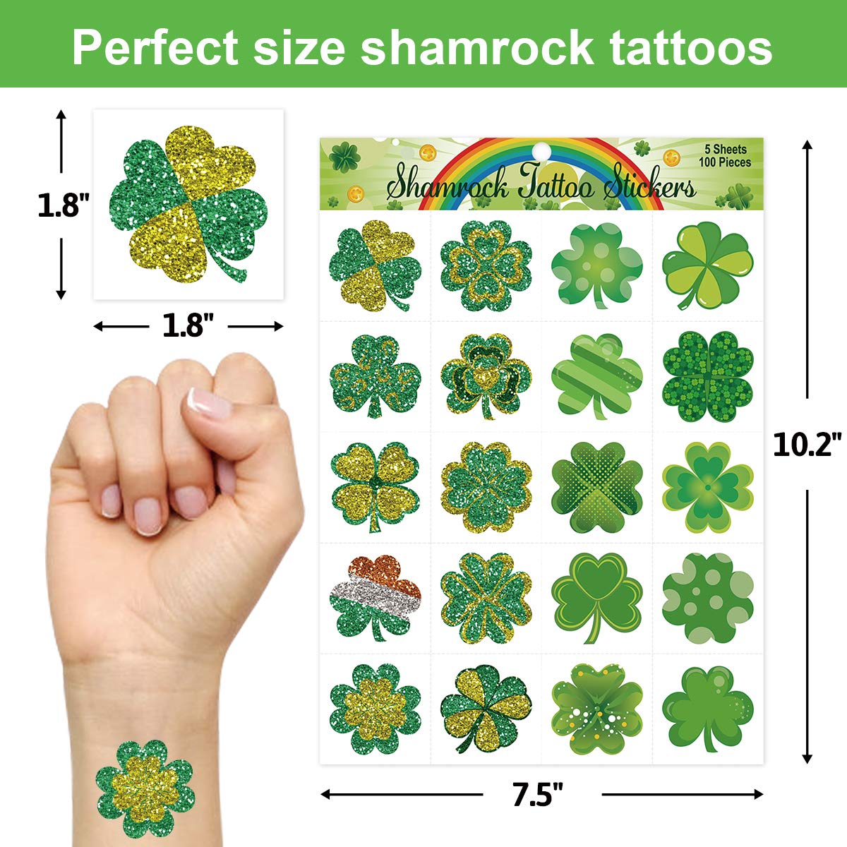 100 PCS Shamrock Tattoo Stickers St. Patrick's Day Accessories Temporary Tattoos Clover Tattoos Irish Tattoos for St Patricks Day Decorations Party Favors