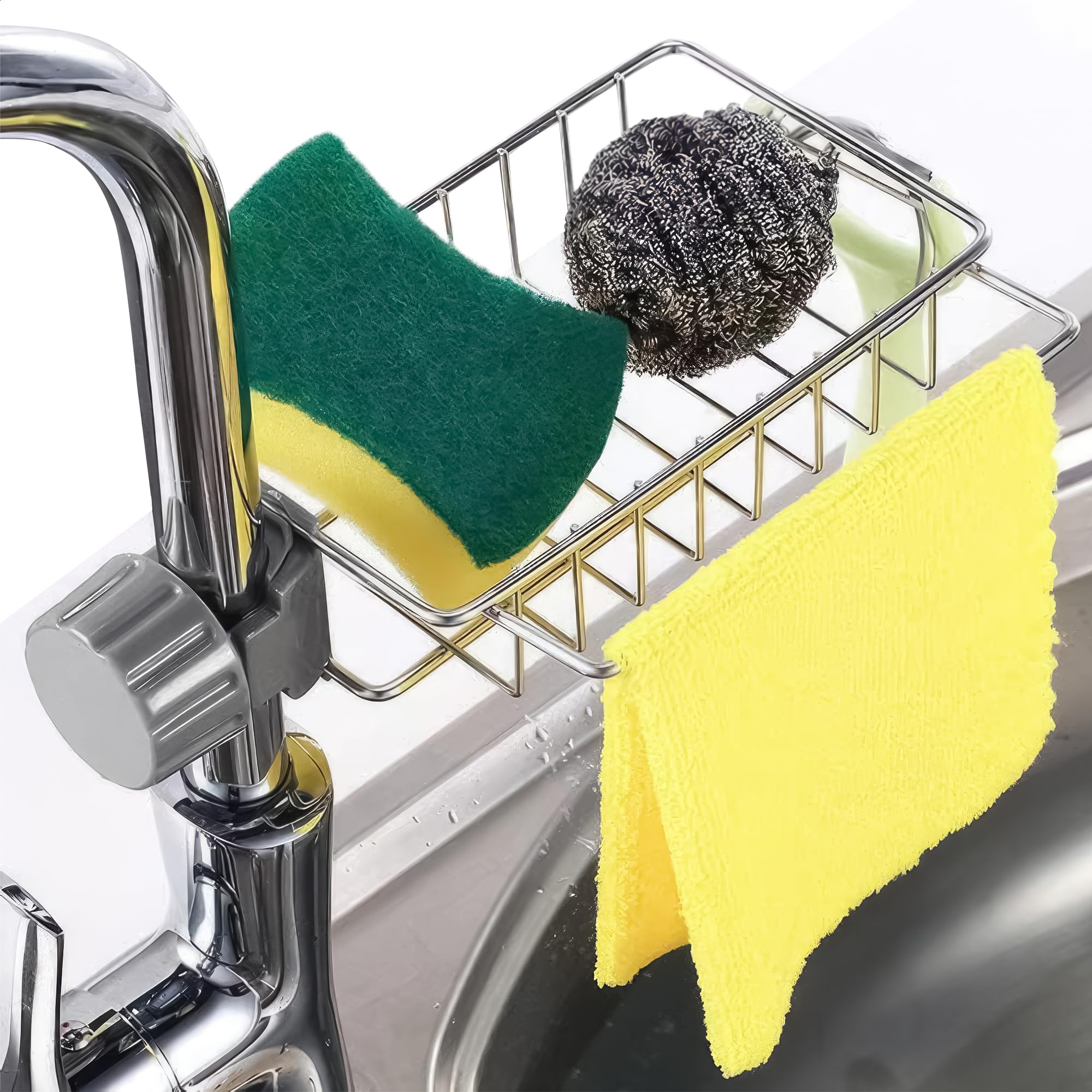 Faucet Rack for Kitchen Sink Sponge Caddy - Bathroom Sink Faucet Sponge Holder Soap Holder Kitchen Sink Organizer - Stainless Steel Sponge Holder for Kitchen Sink Suction Kitchen Storage Dish Rack