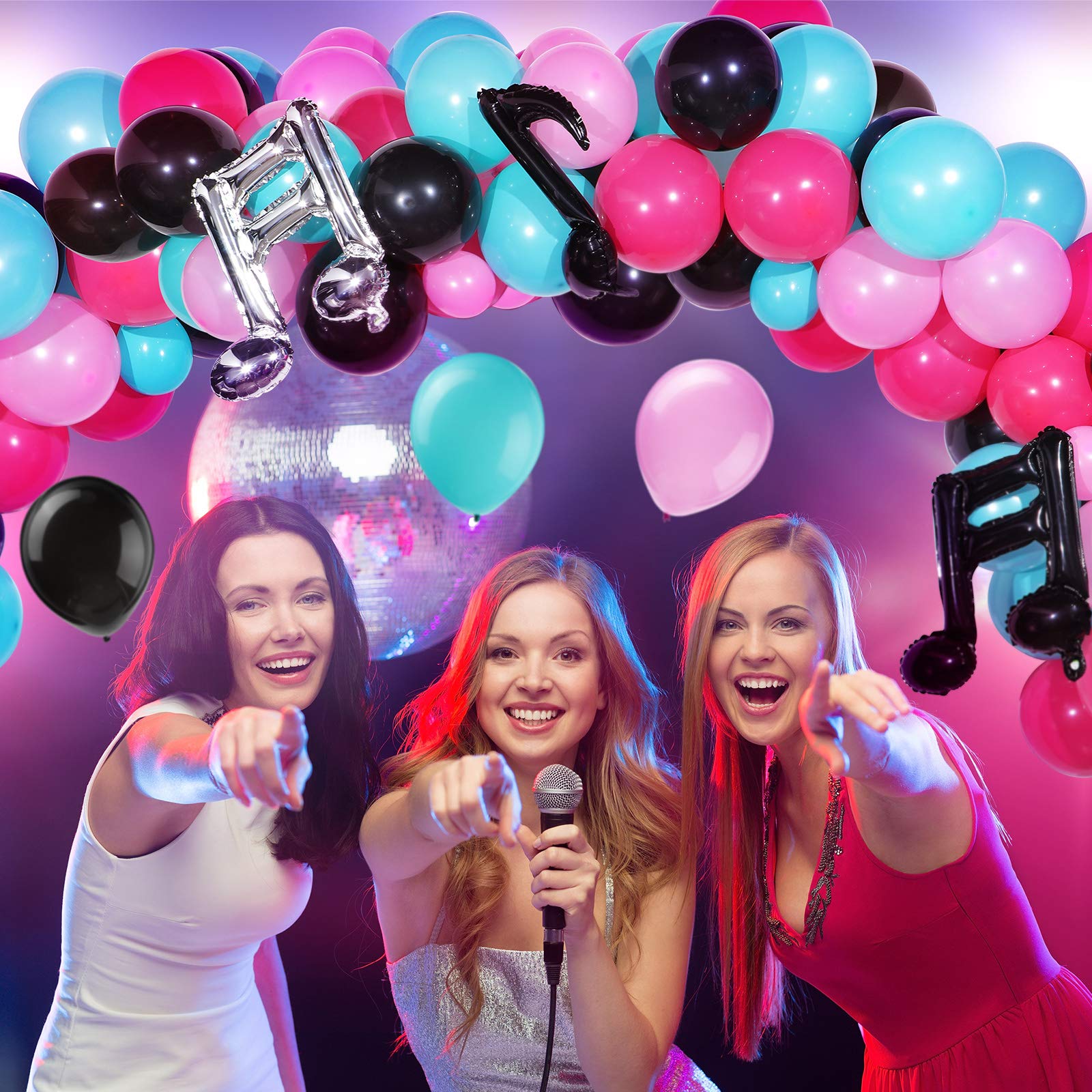 144 Pieces Music Balloons Birthday Balloon Garland Kit Music Sign Foil Balloons 5 Inch 10 Inch Rose Red Black Blue Pink Latex Balloon for Birthday Karaoke Decorations Music Theme Party Supplies