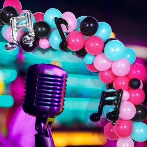 144 Pieces Music Balloons Birthday Balloon Garland Kit Music Sign Foil Balloons 5 Inch 10 Inch Rose Red Black Blue Pink Latex Balloon for Birthday Karaoke Decorations Music Theme Party Supplies