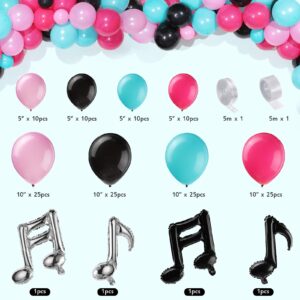 144 Pieces Music Balloons Birthday Balloon Garland Kit Music Sign Foil Balloons 5 Inch 10 Inch Rose Red Black Blue Pink Latex Balloon for Birthday Karaoke Decorations Music Theme Party Supplies