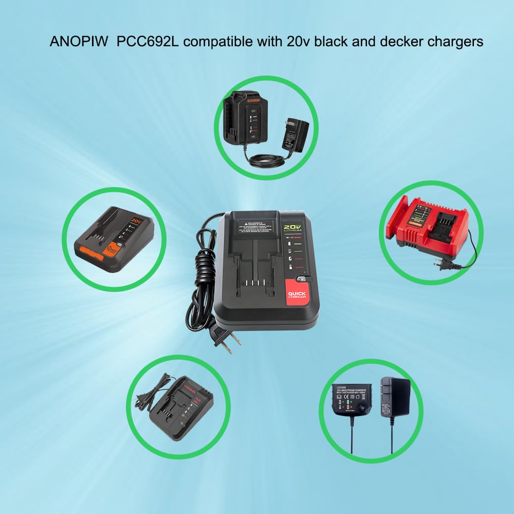 Anopiw PCC692L Upgraded Replace Porter Cable or Black and Decker 20V MAX Lithium Battery Charger LCS1620 LCS1620B LBXR20CK BDCAC202B PCC691L Compatible with Battery PCC680L PCC681L PCC682L PCC685L