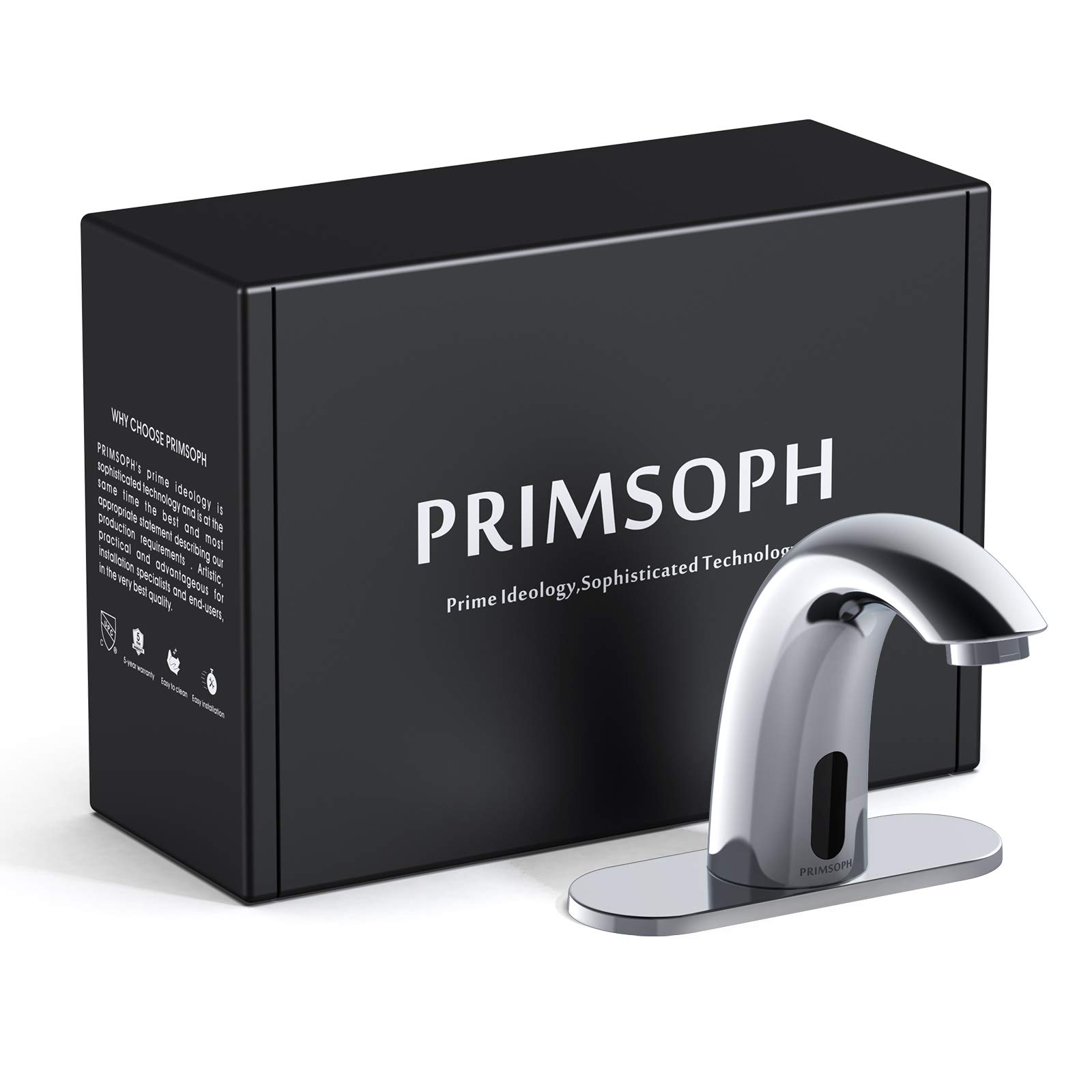 PRIMSOPH Automatic Motion Sensor Hands Free Electronic Infrared Smart Commercial Touchless Bathroom Sink Faucet with Cover Plate Temperature Mixer Battery or Plug-in Powered Satin Chrome