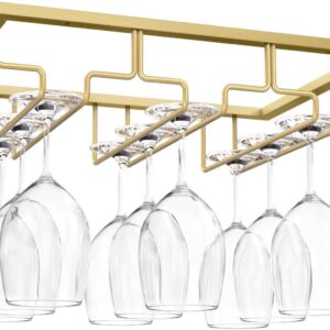 MATILODI Wine Glass Rack - Under Cabinet Stemware Wine Glass Holder - Wine Glasses Storage Hanger Metal Organizer for Cabinet Kitchen Bar (Gold, 3 Rows 1 Pack)