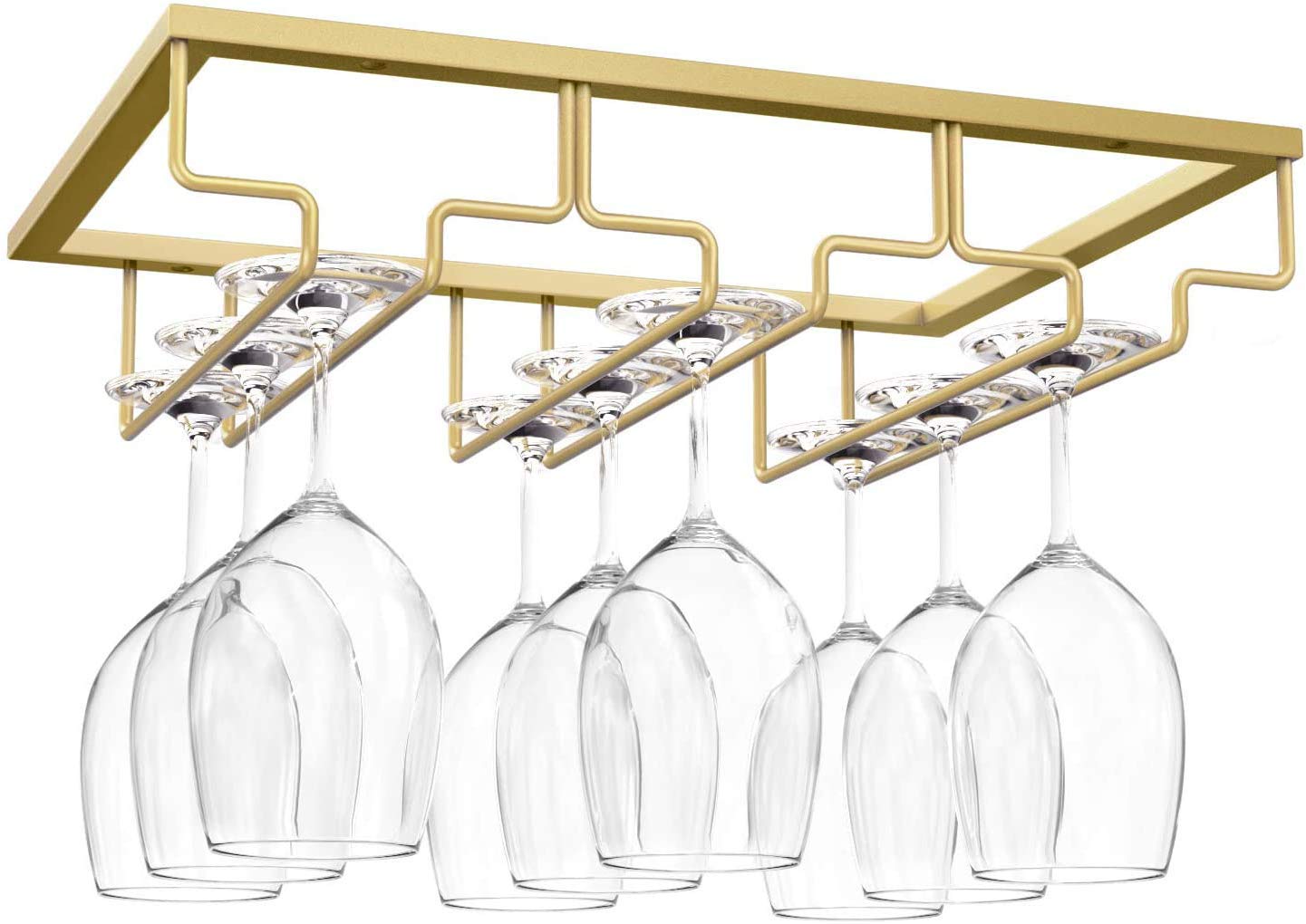 MATILODI Wine Glass Rack - Under Cabinet Stemware Wine Glass Holder - Wine Glasses Storage Hanger Metal Organizer for Cabinet Kitchen Bar (Gold, 3 Rows 1 Pack)