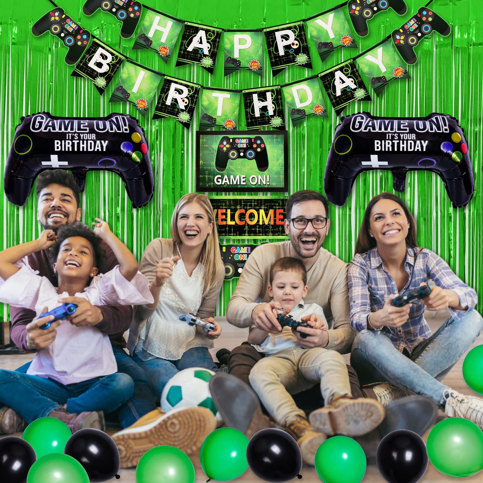 Garma Video Game Party Supplies, Gamer Birthday Decorations for Boys Including Green Black Balloons Garland Arch Kit Banner Hanging Sign Green Foil Fringe Curtains Gamepad Balloons