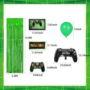 Garma Video Game Party Supplies, Gamer Birthday Decorations for Boys Including Green Black Balloons Garland Arch Kit Banner Hanging Sign Green Foil Fringe Curtains Gamepad Balloons