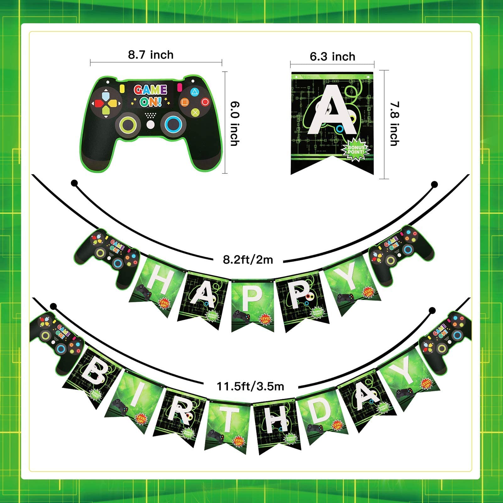 Garma Video Game Party Supplies, Gamer Birthday Decorations for Boys Including Green Black Balloons Garland Arch Kit Banner Hanging Sign Green Foil Fringe Curtains Gamepad Balloons