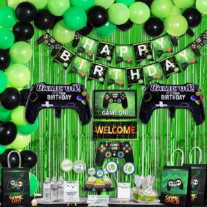 Garma Video Game Party Supplies, Gamer Birthday Decorations for Boys Including Green Black Balloons Garland Arch Kit Banner Hanging Sign Green Foil Fringe Curtains Gamepad Balloons