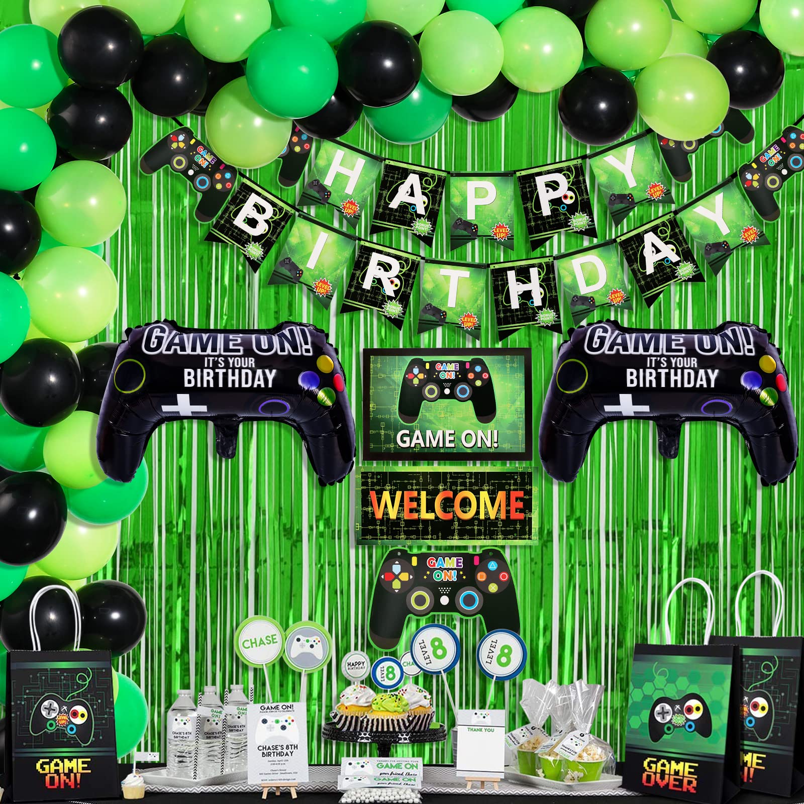 Garma Video Game Party Supplies, Gamer Birthday Decorations for Boys Including Green Black Balloons Garland Arch Kit Banner Hanging Sign Green Foil Fringe Curtains Gamepad Balloons