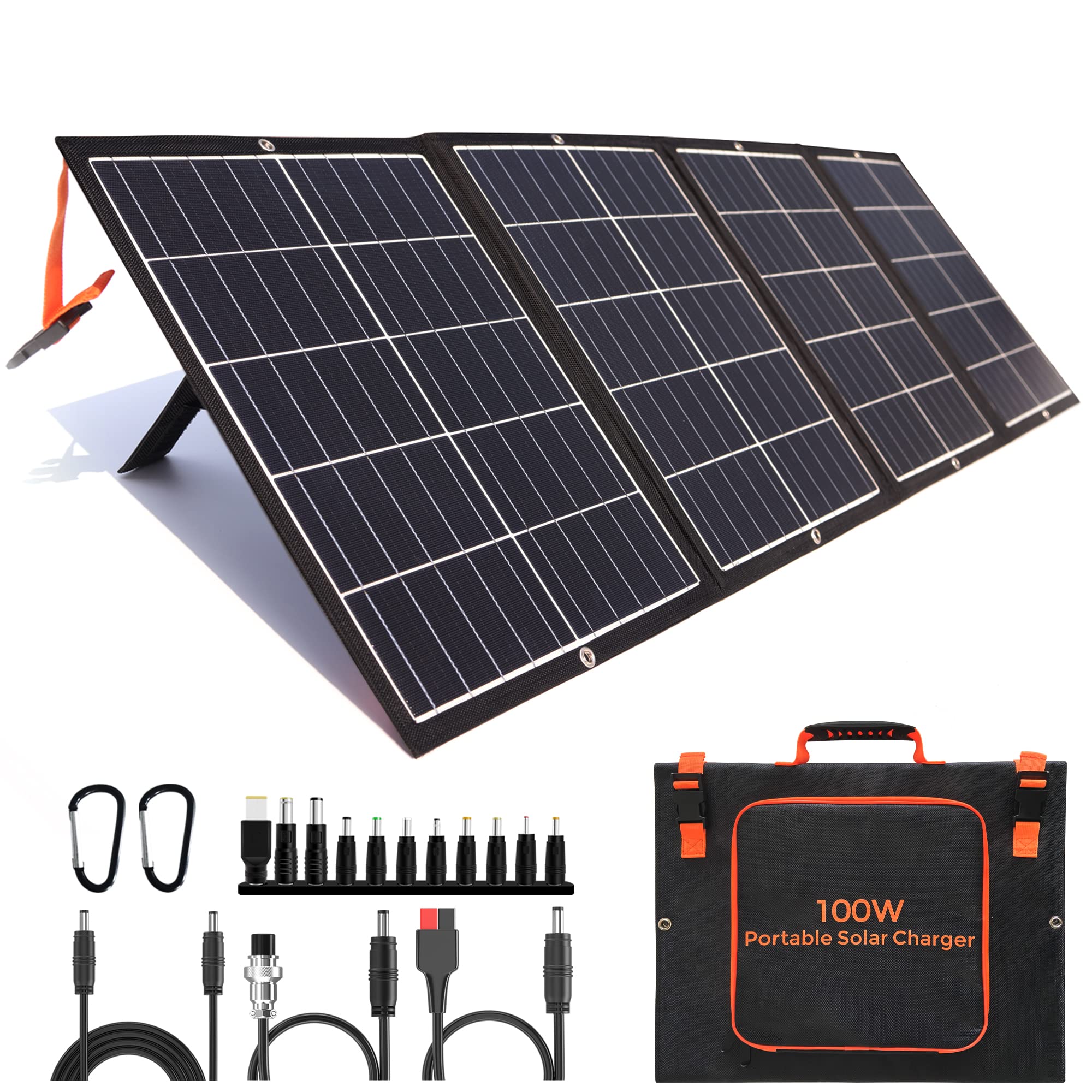 100W Portable Solar Panel Kit with Stand Foldable Solar Panel Charger for Power Station, 8mm Power Station, Portable Generator, Phones, Laptop, with QC 3.0 USB DC Ports