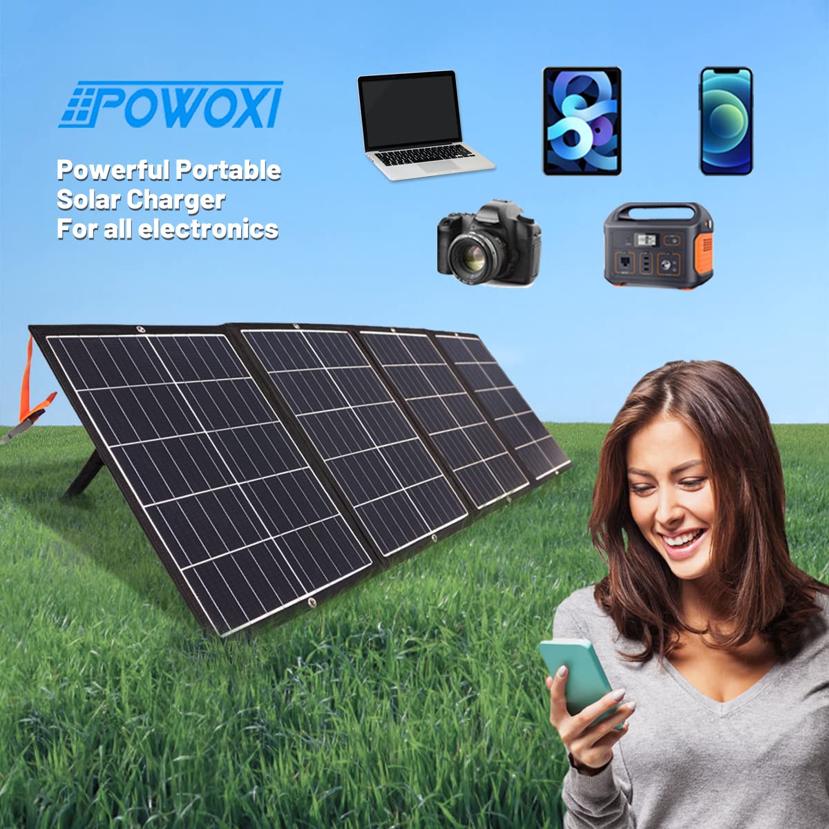 100W Portable Solar Panel Kit with Stand Foldable Solar Panel Charger for Power Station, 8mm Power Station, Portable Generator, Phones, Laptop, with QC 3.0 USB DC Ports