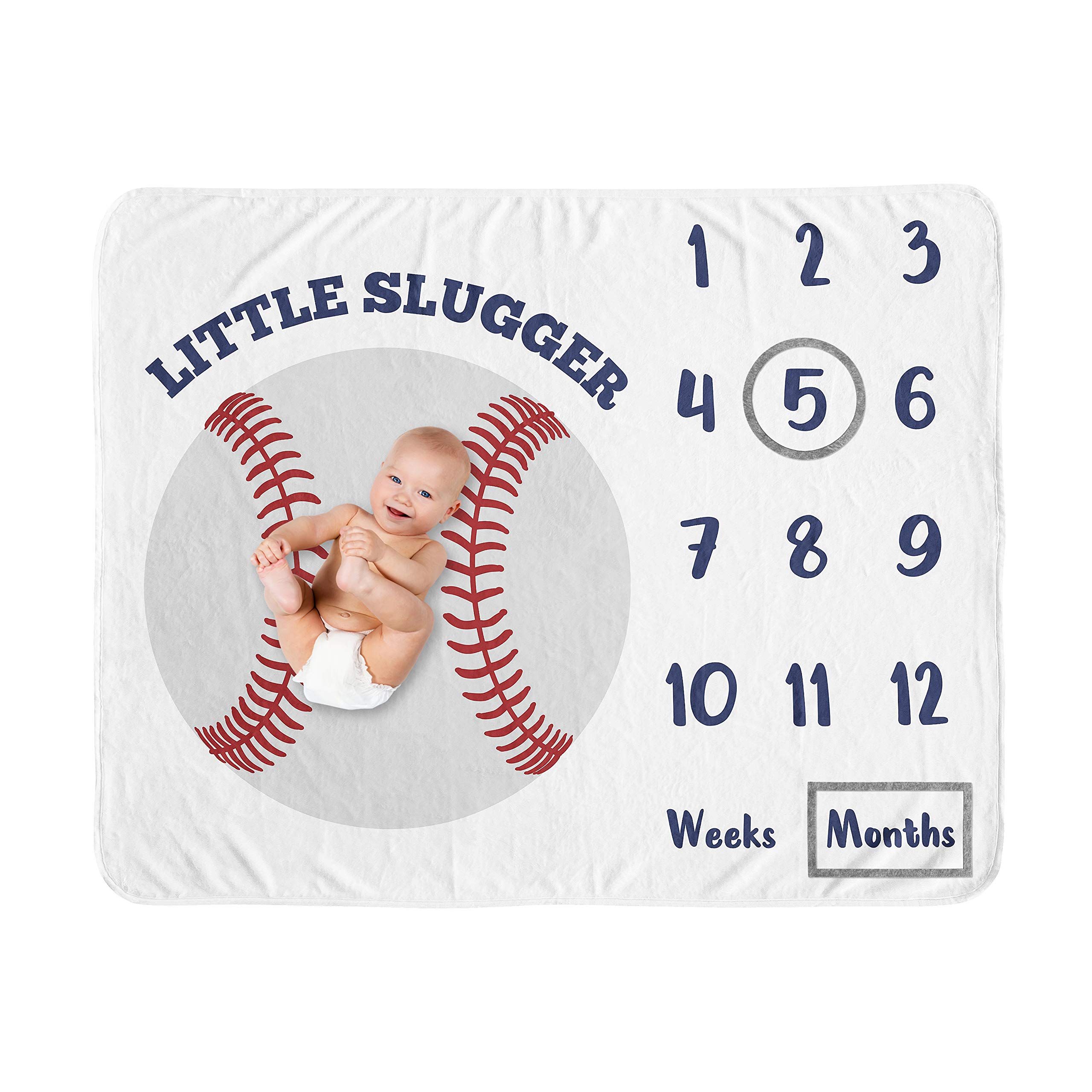 Sweet Jojo Designs Baseball Boy Milestone Blanket Monthly Newborn First Year Growth Mat Baby Shower Memory Keepsake Gift Picture - Red White and Blue Americana Sports Little Slugger