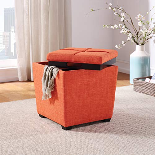 OSP Home Furnishings Ave Six Rockford Square Storage Ottoman with Padded Upholstery and Hidden Serving Tray, Tangerine Fabric