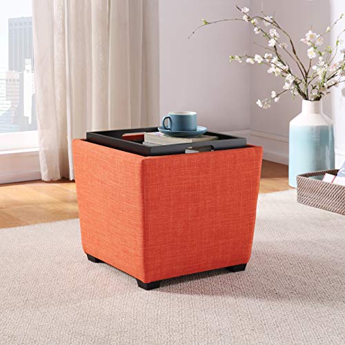 OSP Home Furnishings Ave Six Rockford Square Storage Ottoman with Padded Upholstery and Hidden Serving Tray, Tangerine Fabric