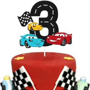 race car 3rd cake topper for racing car checkered flag themed kids boy girl 3th years old happy birthday party supplies double sided